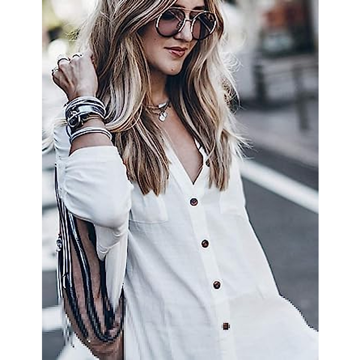 Chalier Women's Loose Long Sleeve Cover Ups Button Down Sleep Shirt Beach Up SwimSuit Dress, White, Small