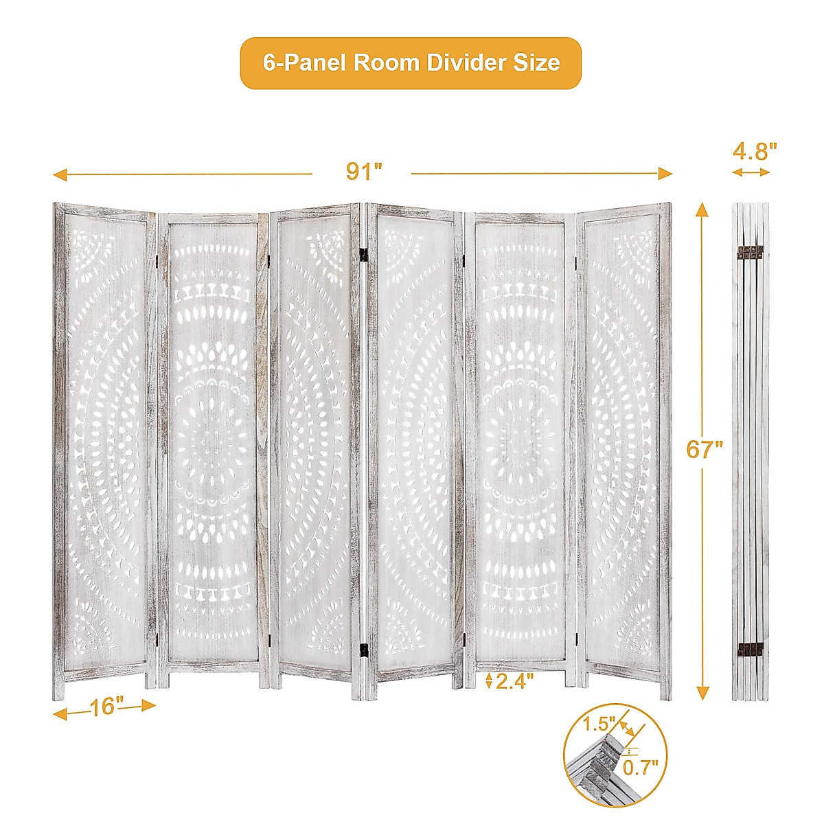 Salfanre 6 Panel Room Divider, Room Divider Screen, Room Divider Panel, Folding Screen Room Divider, 5.6 Ft, White