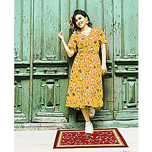 Stair Treads Non-Slip Landing Mat- Skid Resistant Rubber Back Landing Rug - Beautiful Design Landing Mat for Bottom of Stairs - Floormat - Doormat (20" x 30") Floral Red