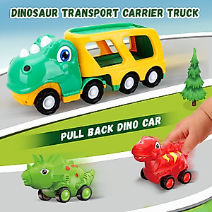 TOY Life Toddler Car Toy for 1+ Year Old, Dinosaur Transport Carrier Truck with 4 Pull Back Dinosaur Cars Dino Figures, Dinosaur Toys for Kids 1 2 3 4 5+, Christmas Birthday Gift for 18M+ Boys Girls