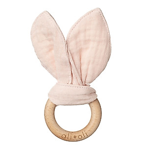 Ali+Oli Crinkle Bunny Ears Wooden Teethers for Babies (Pink) Bunny Ear Teething Ring, Wooden Toys for Babies, Gender Neutral Baby Gift, Teething Toys for Babies, Newborn Animal Teether Toys