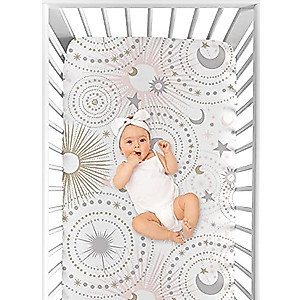 Blush Pink, Gold, Grey and White Star and Moon Baby or Toddler Fitted Crib Sheet for Celestial Collection by Sweet Jojo Designs