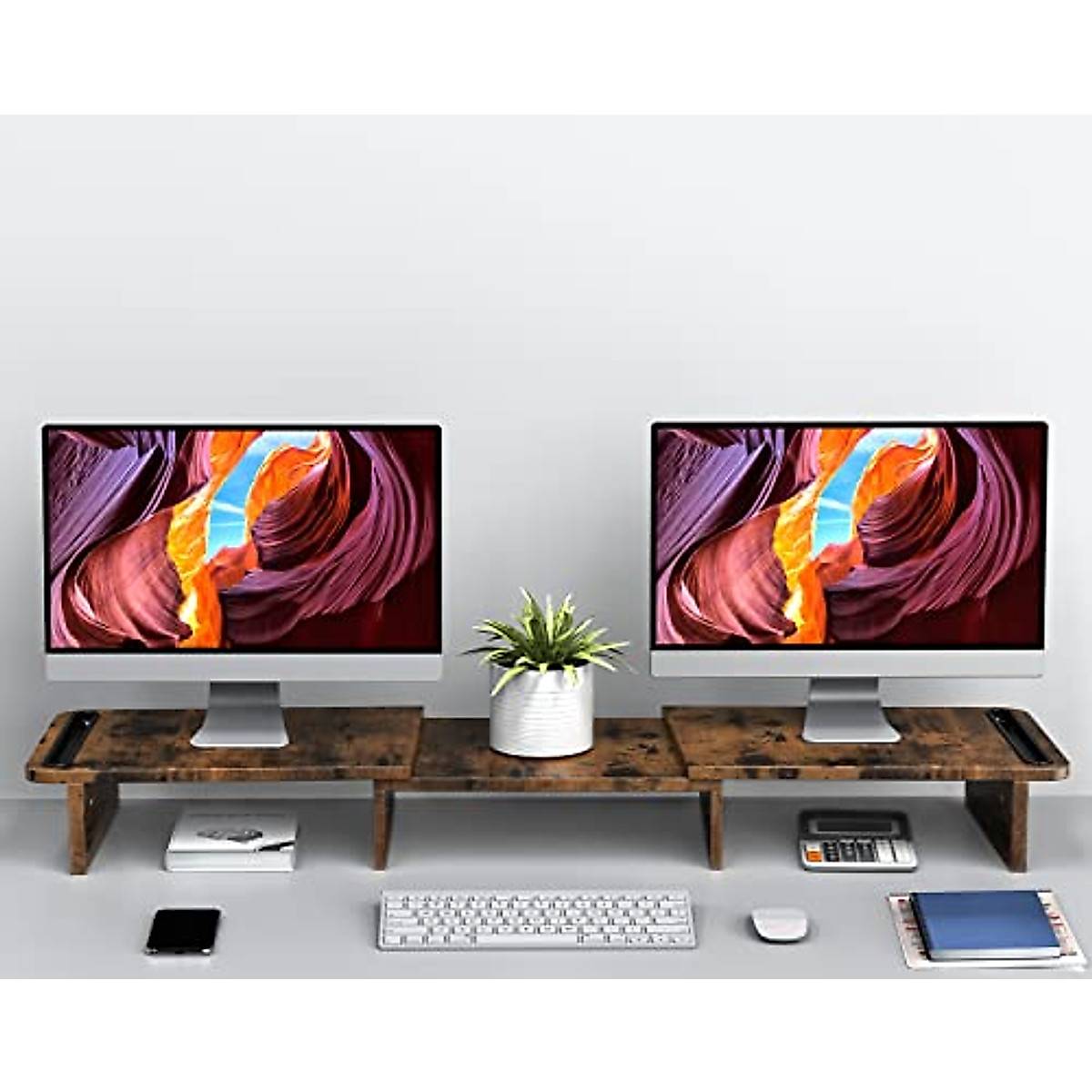 Zimilar Dual Monitor Stand Riser, Monitor Stand with Adjustable Length and Angle, Wood Monitor stand for desk, Monitor Riser for 2 monitors with Storage Space (Rust Brown Large)