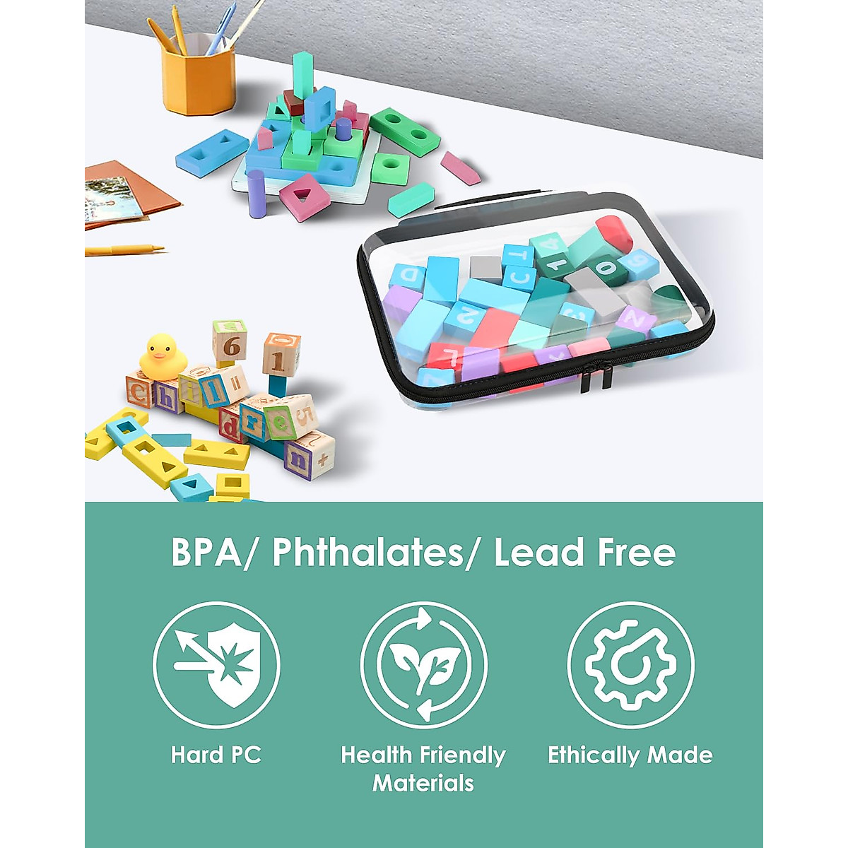 QAVABIN Clear Hard Zipper Pouch, Bliss Zippered Storage Bins, Waterproof PVC Shell Travelling Bags, Storage for Board Games, Building Blocks, Puzzles, Kids Books with Handle, Plastic Organizing, 2Pc