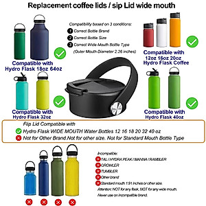 Tzuoieo Flip lid for Hydro Flask Wide Mouth 32 40 oz with Flexible Handle, Replacement Coffee Lid Compatible with Hydroflask, Nalgene, and More Top Water Bottle Brands Wide Mouth 32 oz 40 oz