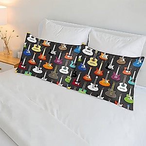Music Pattern with Guitar Satin Pillow Cases Silk Satin Pillowcase for Hair and Skin Standard Set of 2 Super Soft Silk Pillowcase with Envelope Closure (20x26 in)