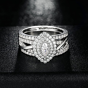 MDFUN Stackable Rings for Women 18K White Gold Plated Three-in-One Marquise Mini Halo CZ Wedding Engagement Promise Eternity Band (6)