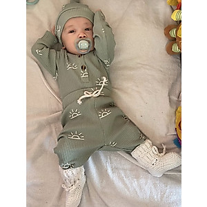 Infant Baby Boy Clothes Ribbed Knitted Sun Print Long Sleeve Romper Tops + Pants + Hat 3 Pcs Outfits (3-6 Months) Light Green