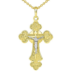 Jewelry America 14k Two Tone Gold Botonnee St. Olga Orthodox Cross IC XC NIKA Crucifix Pendant Necklace, 18"