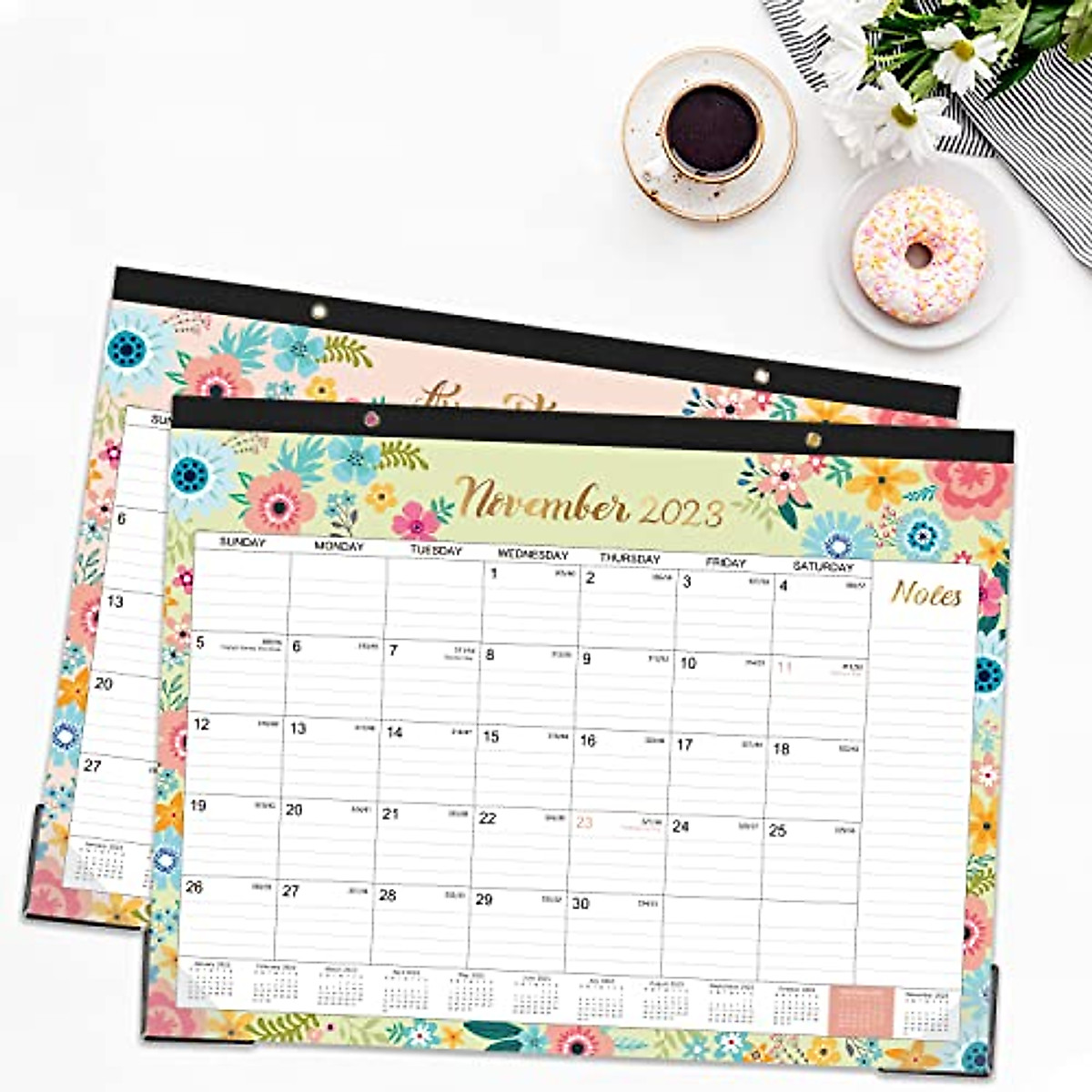 Desk Calendar 2023-2024 - Large Desk Calendar 2023-2024, Jul. 2023 - Dec. 2024, 22" x 17", Thick Paper with 18 Months, Corner Protectors, Large Ruled Blocks & 2 Hanging Hooks - Black Floral