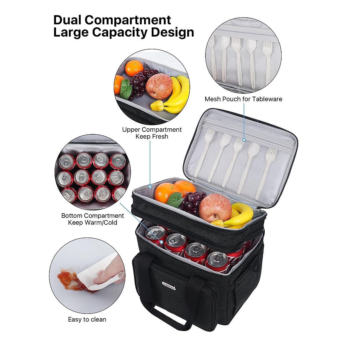 ESMNOAN 21L Large Lunch Bag, Waterproof Leakproof, Double Deck Lunch Box, Keep Warm or Cold For Work Travel Picnic, Black