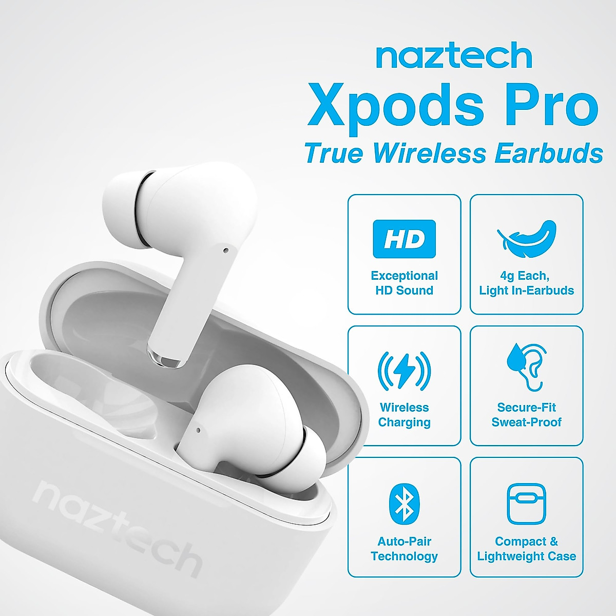 Naztech Xpods PRO - True Wireless Noise Cancelling Earbuds w/Touch Control, IPX4 Water-Resistant, HD Sound, Secure Fit for Sports, Gym Workouts & More, Includes Wireless Charging Case - White