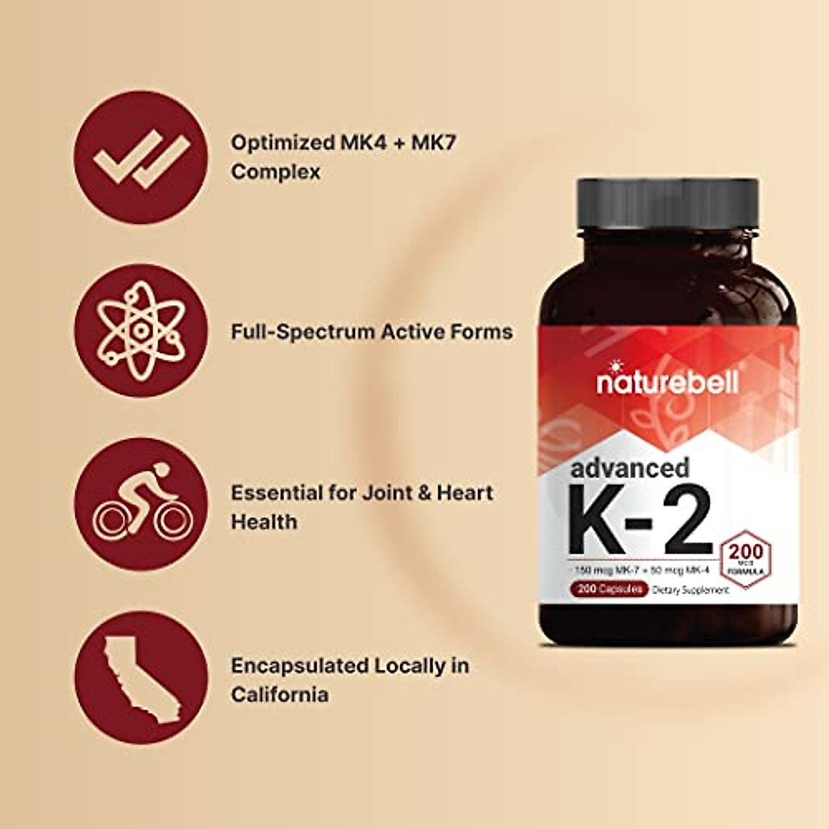 Full Spectrum Vitamin K2 Supplement with MK-7 & MK-4, 200 mcg, 200 Capsules, 2 in 1 Formula, Vitamin K2 Complex Supplement, Supports Joint and Heart Health, Non-GMO