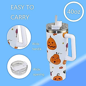QEAGVJ Halloweeen 40oz Tumbler With Lid and Straw Stainless Steel 40oz Halloween Spooky Pumpkin Tumbler Cup with Handle,Halloween Tumbler Cups,Insulated Spooky Travel Coffee Mug…