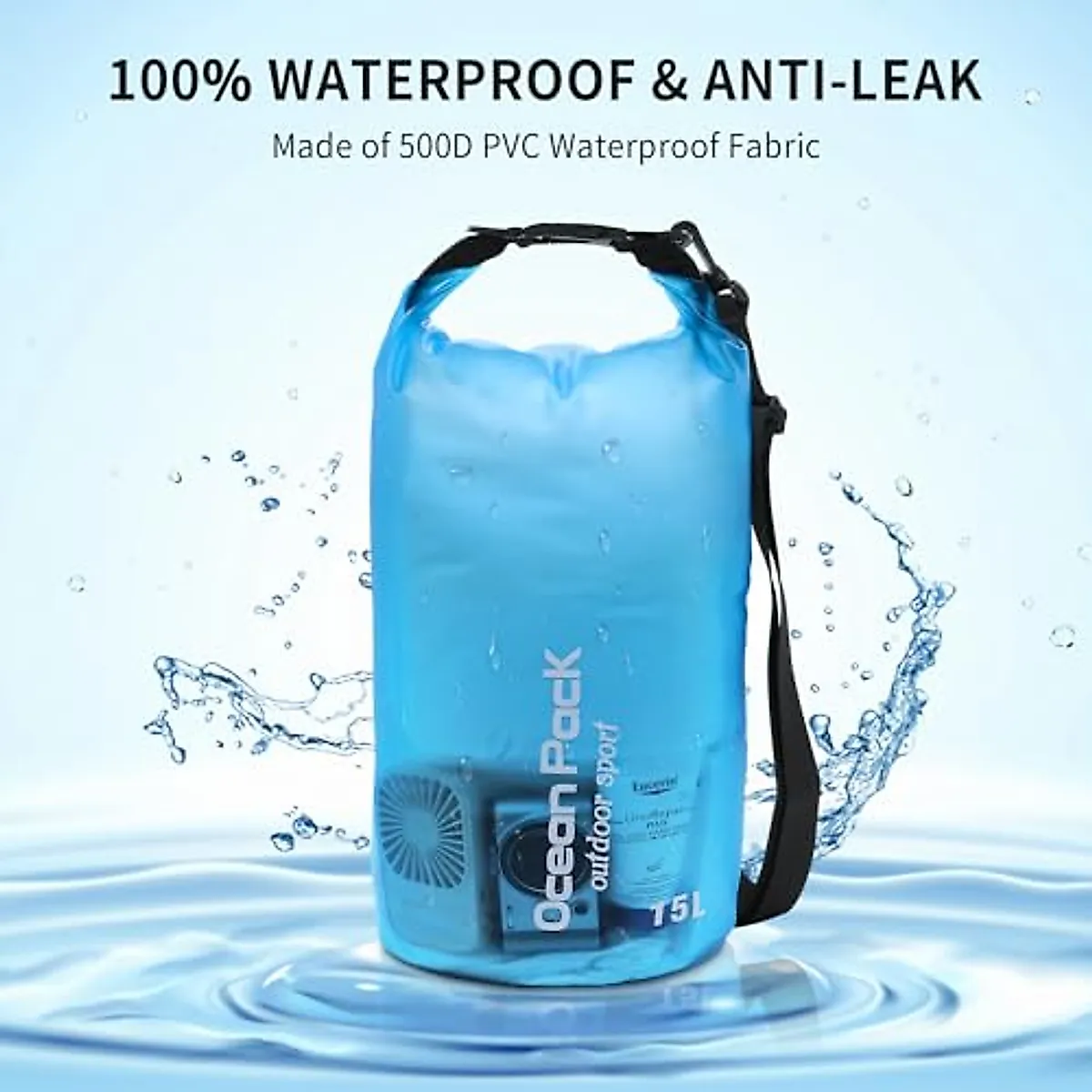BACK KTCL Waterproof Dry Bag for Women Men,10L/15L Roll Top Lightweight Dry Storage Bag Backpack,Floating Sack with Waterproof Phone Case, Kayaking,Swimming, Camping, Hiking, Beach (Blue, 15L)
