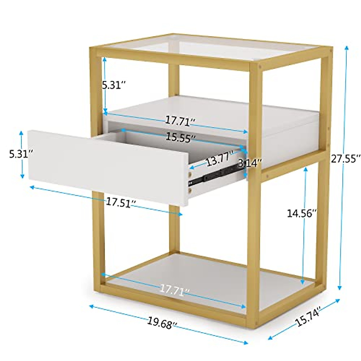 Tribesigns Nightstand Tall Side Table, Modern Simple Style End Table with Drawer and Shelf, Tempered Glass Bedside Table, Metal Frame, 19.6”X15.7”X27.5” (1PC, Gold and White)