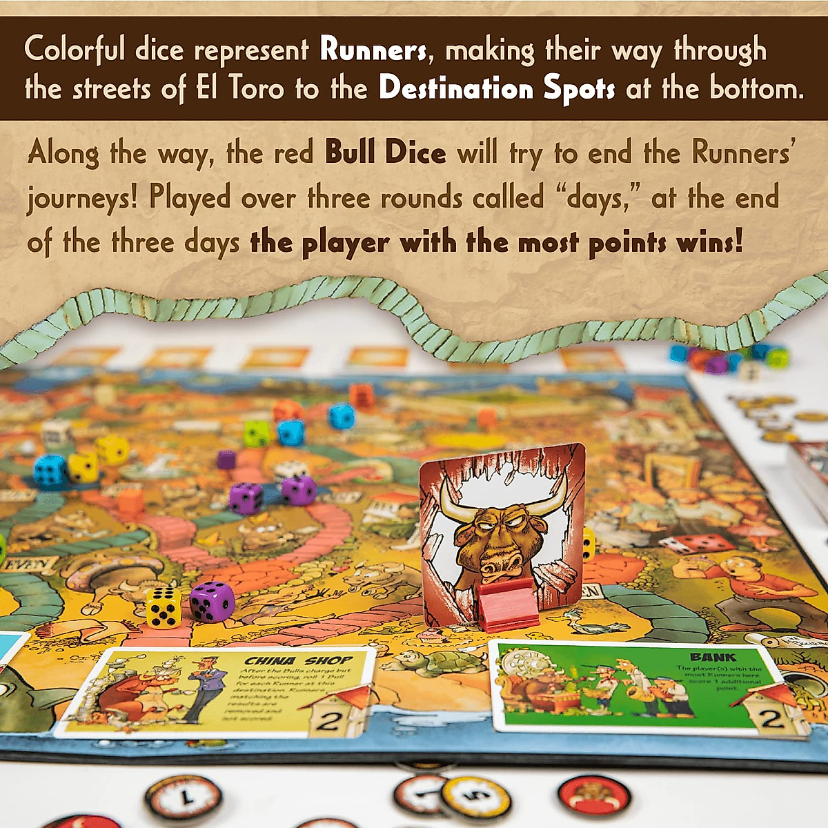 Calliope Games Running with the Bulls - Dice & Board Game - For Game Night - 2-6 Players