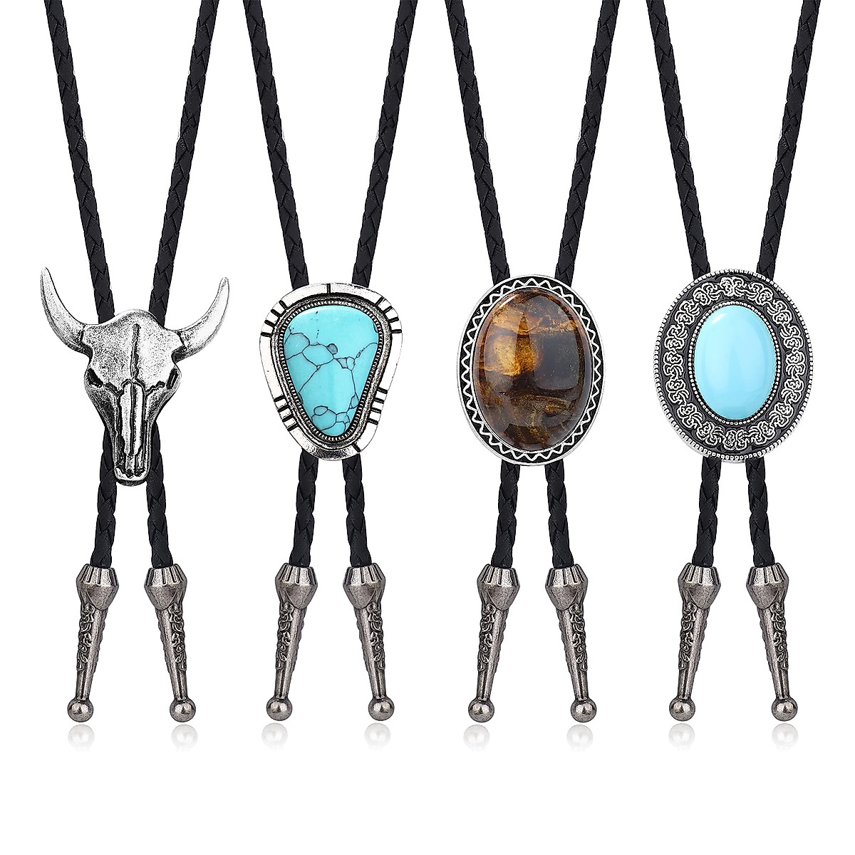 CASSIECA 4Pcs Handmade Bolo Tie for Men Western Cowboy Leather Necktie Halloween Costume Accessories for Men Women