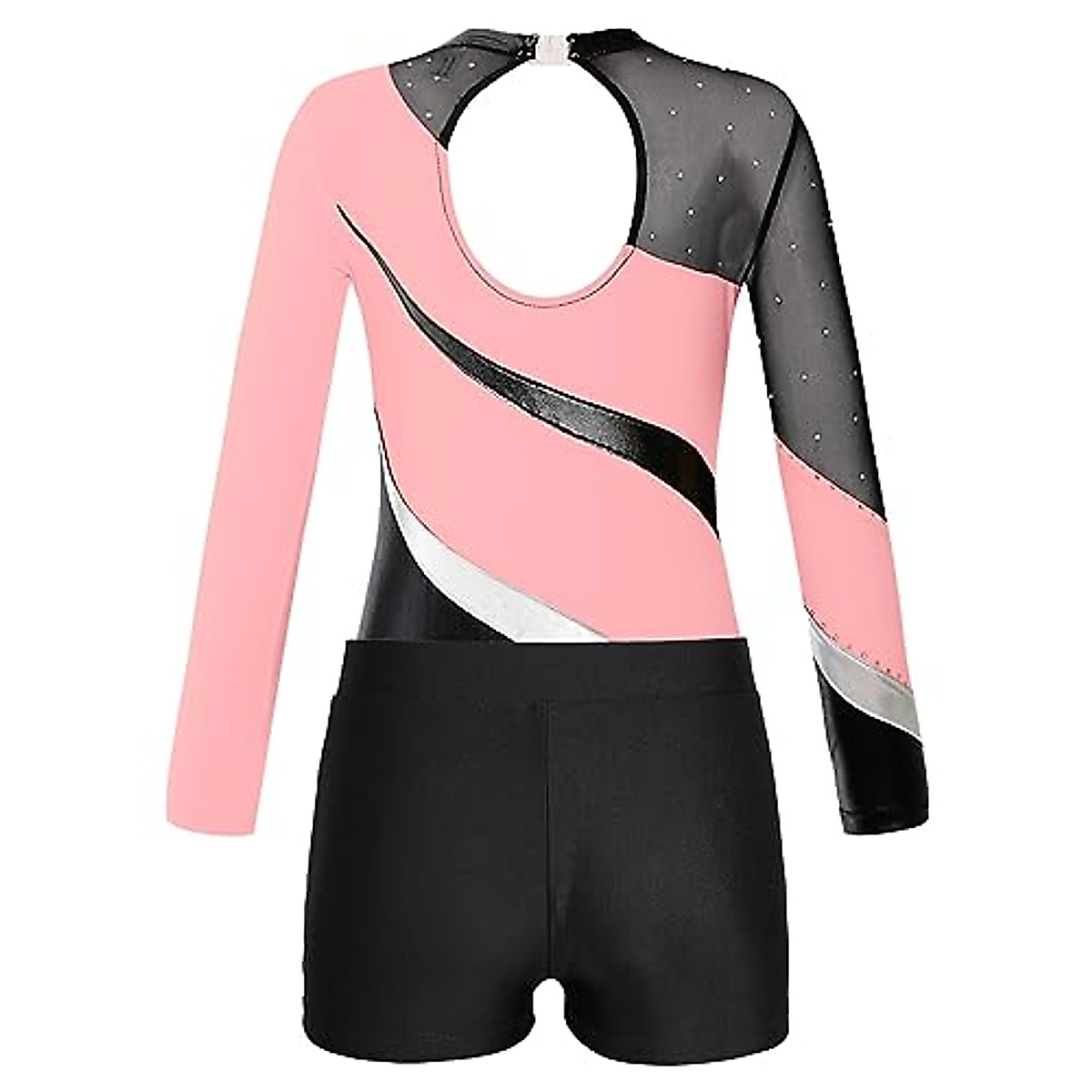 Jizyo Kids Girls Rhinestone Ballet Dance Outfits Long Sleeve Gymnastic Leotard with Booty Shorts Set Gym Biketard Tracksuit Pink A 8 Years