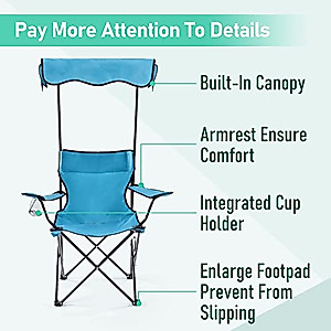 rotinyard Folding Camping Chair with Canopy Shade for Adults, Portable Beach Chairs with Umbrella Support 330 lbs, Heavy Duty Lawn Chair with Cup Holder for Outdoor Fishing Picnic Garden Sports Patio