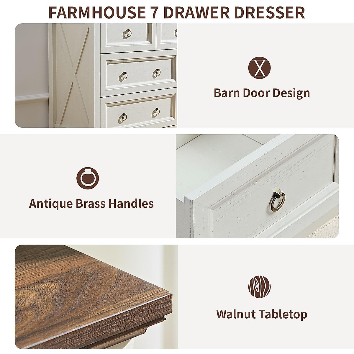 7 Drawer Dresser for Bedroom, 54" Farmhouse Dresser, Rustic Chest of Drawers, White Dresser with Barn Design, LargeTabletop & Antique Bronze Handles, Wood Dresser for Closet, Bedroom Dressers