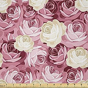 Lunarable Roses Fabric by The Yard, Feminine Pattern Victorian Gardens Inspired Vintage Floral Pastel Colored Arrangement, Microfiber Fabric for Arts and Crafts Textiles & Decor, 1 Yard, Cream
