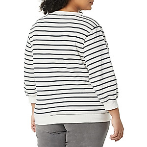 Amazon Essentials Women's Fleece Sleeve Detail Crewneck Sweatshirt, Black White Stripe, Medium