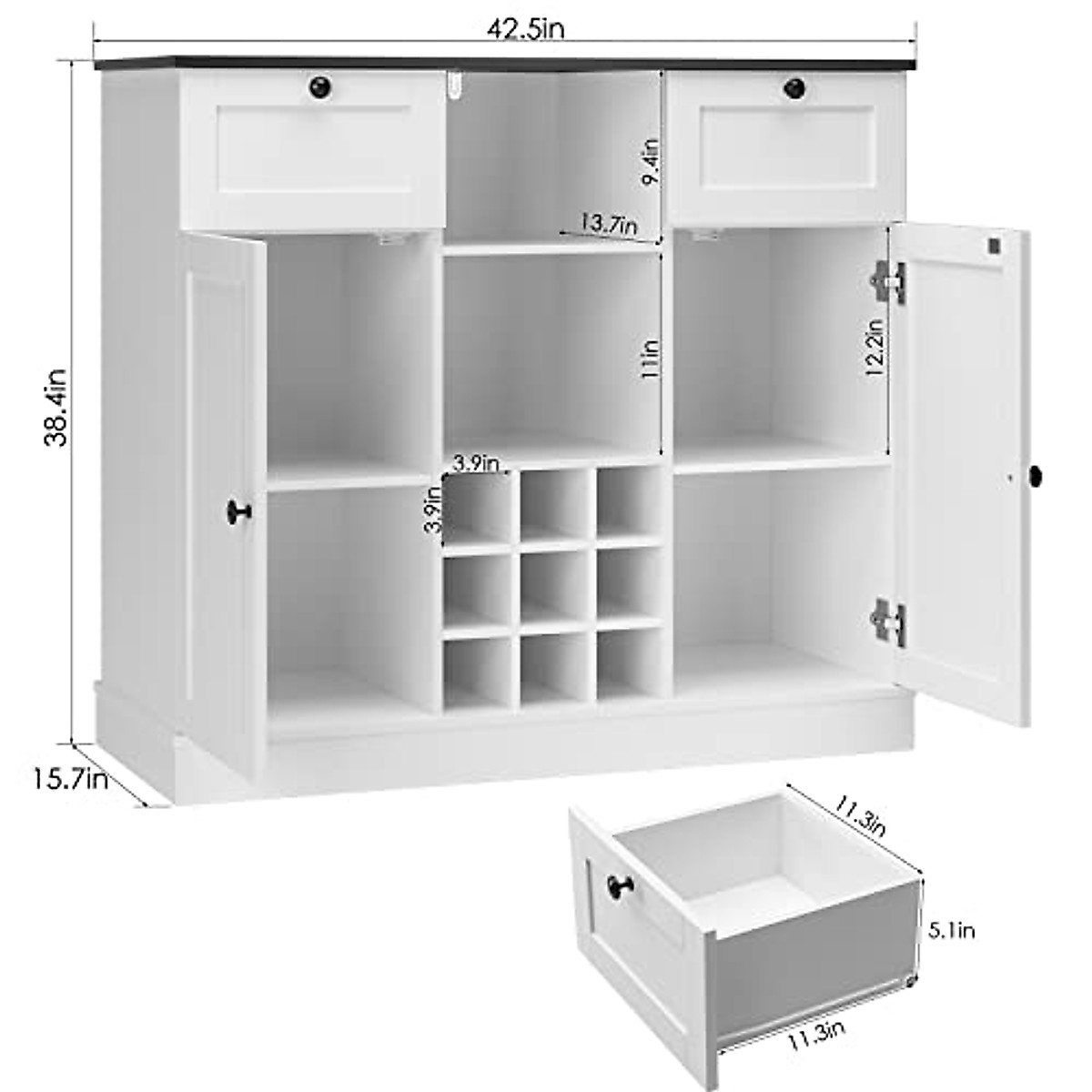 HOSTACK Buffet Sideboard Cabinet, Wine Bar Cabinet with Drawers and Removable Wine Rack, Coffee Bar Storage Cabinet with Shelves for Kitchen, Dining Room, Living Room, White