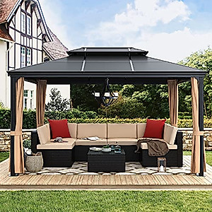 Greesum 10'x13' Hardtop Polycarbonate Gazebo, Outdoor Steel Double Roof Canopy, Aluminum Frame Permanent Pavilion with Netting and Curtains for Patio, Backyard and Lawns