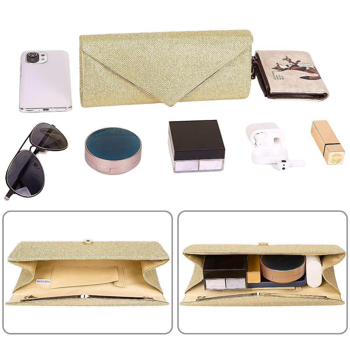 Larcenciel Clutch Purses for Women, Sparkling Envelope Evening Bag with Detachable Chain, Glitter Sequins Metal Formal Handbag Shoulder Crossbody Bag Prom Party Purse Bridal Wedding Clutch Bag(Gold)