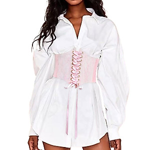 BODIY Women Lace Corset Belts Pink Elastic Cinch Belt Tied Waspie Wide Waist Bustiers for Dress Costume Dance Halloween Rave Accessory