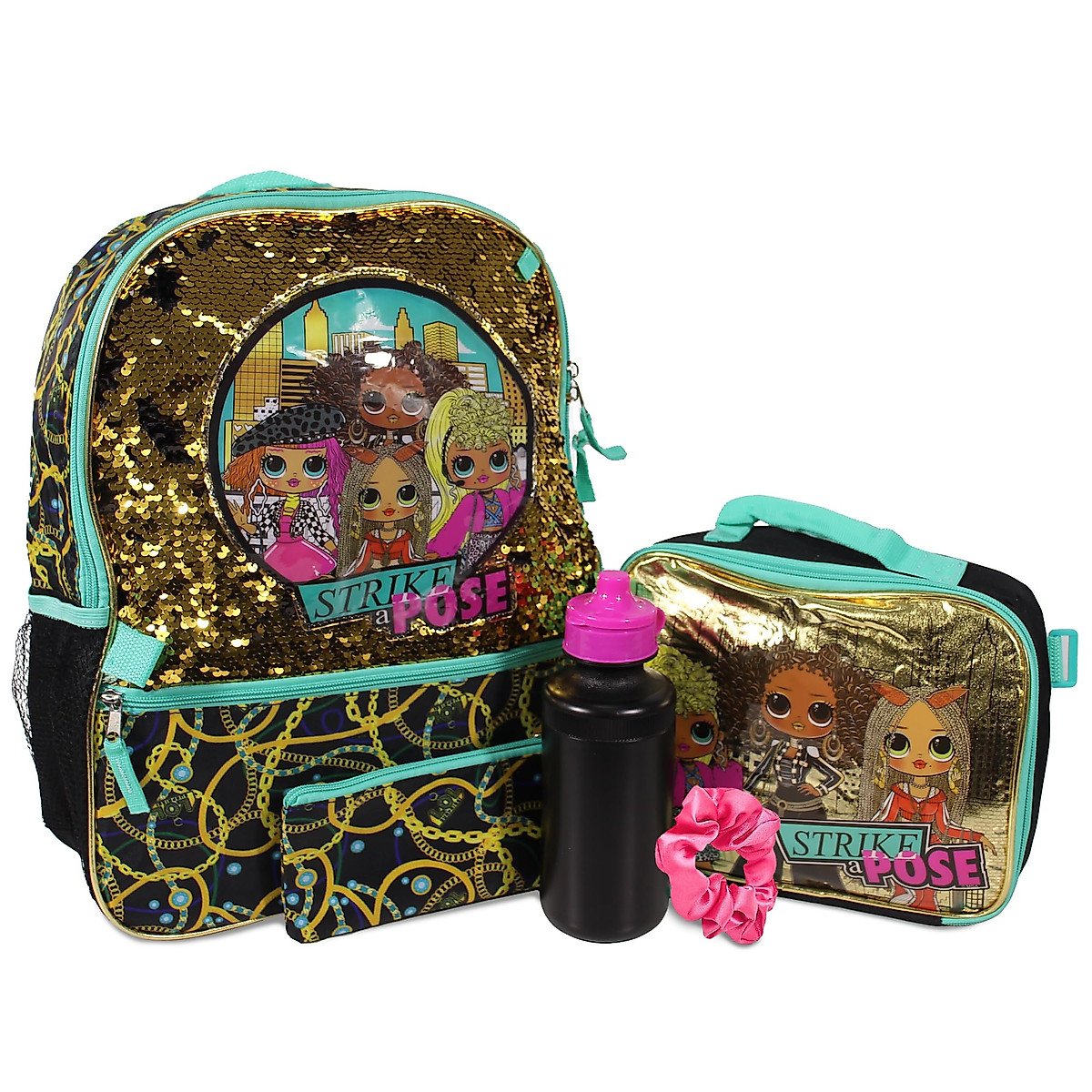 LOL Dolls 5 Piece Backpack Set for Girls, Brush Glitter Sequin School Bag with Front Panel and Mesh Pockets, Insulated Lunch Box, Water Bottle, Pencil Case and Hair Scrunchie, Black and Gold