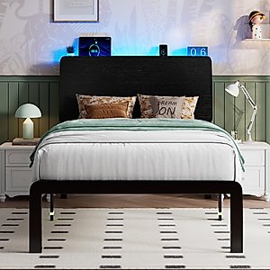 iPormis Metal Twin Bed with Ergonomic Wooden Headboard, Platform Beds with LED Lights and Charging Station, Sturdy Steel Slats Supports, No Box Spring Needed, Noise-Free, Easy Assembly, Black