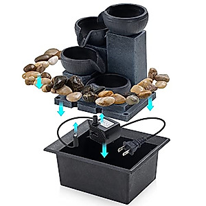 Tabletop Fountain Indoor Mini Waterfall 4-Tier Relaxation Tabletop Fountain Small Indoor Fountain Meditation Fountain Includes Natural River Rocks and Multi-Coloured Lights (Premium Grey)