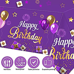 ssailue decor 3Pcs Happy Birthday Tablecloth Purple and Gold Birthday Decorations for Girls Women Disposable Plastic Rectangular Table Covers 43”x 70” for Birthday Party Supplies