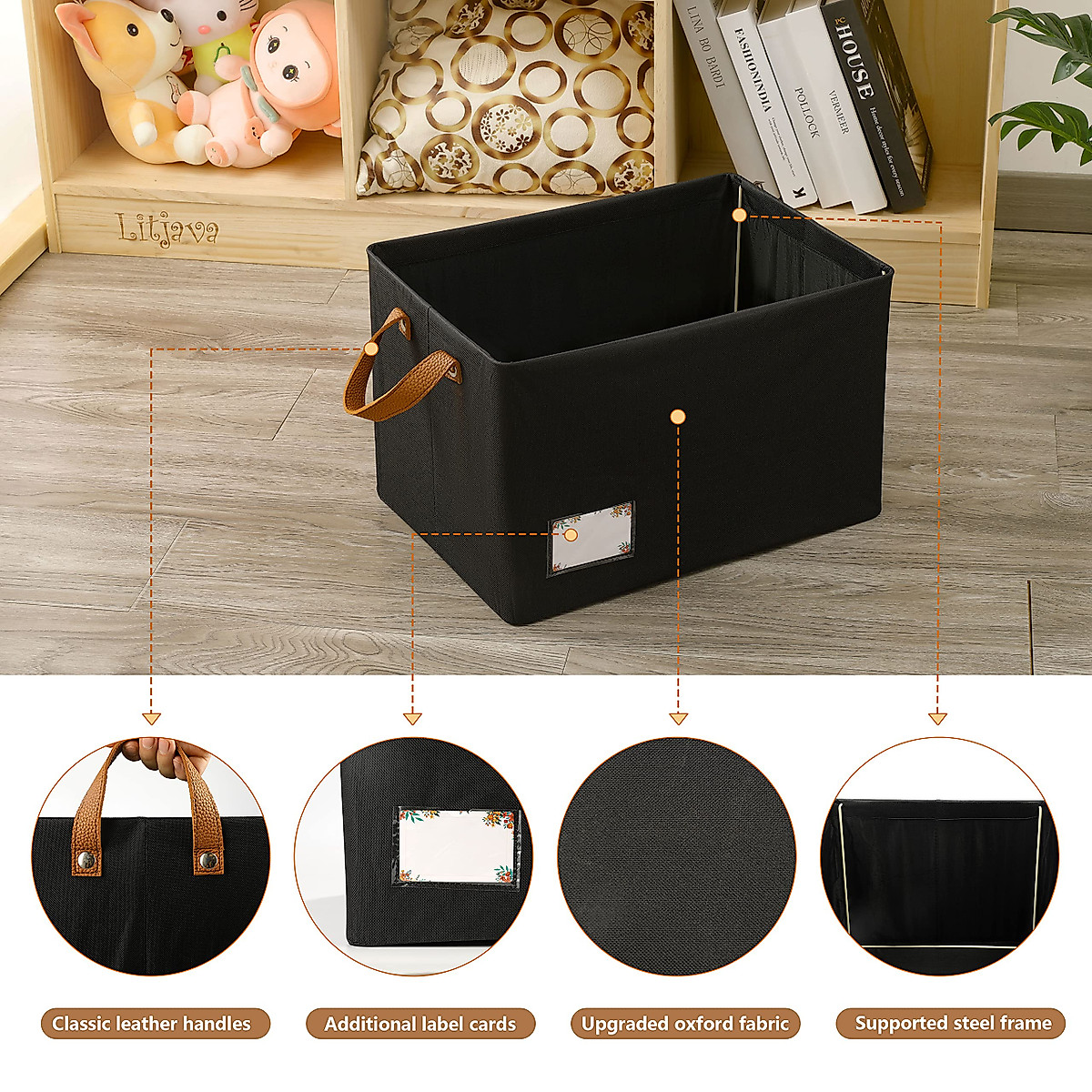 Furnhome Fabric Storage Bins for Shelves,Large Storage Basket for Organizing with Metal Frame, Flodable Storage Bins with Handles for Closet, Black, 3-Pack