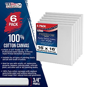 U.S. Art Supply 16 x 16 inch Stretched Canvas 12-Ounce Triple Primed, 6-Pack - Professional Artist Quality White Blank 3/4" Profile, 100% Cotton, Heavy-Weight Gesso - Acrylic Pouring, Oil Painting