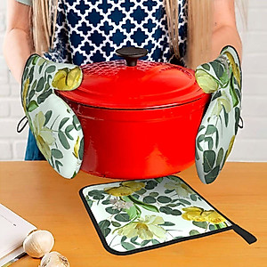 Spring Flowers Roses Oven Mitts and Pot Holders Sets of 3,Kitchen Gift Heat Resistant Non Slip Hot Pads & Oven Mitts Set for Cooking BBQ Grilling Baking