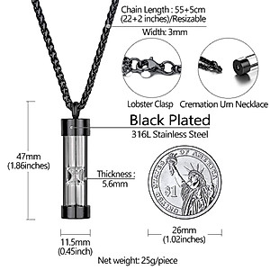 Richsteel Black Hourglass Cremation Jewelry for Ashes Grandma Husband Dog Urn Pendant Necklace with Spiga Chain 22''