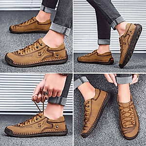 FiveStoresCity Mens Casual Shoes Summer Breathable Sneakers Loafers Walking Shoes Hand Made Lace-Up Leather Dress Flats Shoes for Driving Business Working Office (US 9.5, Brown)