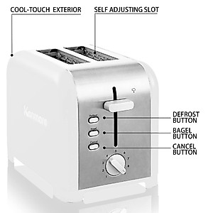 Kenmore 2-Slice Toaster, White Stainless Steel, Extra Wide Slots, Bagel and Defrost Functions, 9 Browning Levels, Removable Crumb Tray, for Bread, Toast, English Muffin, Toaster Strudel