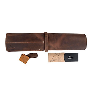 Cast Leather Co., Rectangular Knife Roll with 6 Slots, Portable Knife Organizer Case, Travel Bag, Cooking Accessory, Full Grain Leather, Handmade, Bourbon Brown