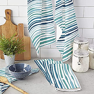 LUSWEET Kitchen Towels Wave Stripe Blue Green Soft Cotton Reusable Absorbent Cleaning Kitchen Dish Towels for Kitchen Cleaning,Dishwashing,Kitchen,Bathroom,18X28 Inch, 3 Pack