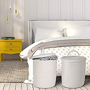 Cotton Rope Storage Basket with Lid | Large Woven Baskets and Handles 15" x 13" | for Nursery, Laundry, White Round Hamper, Home Living Room Floor, Toy Organizing bins, Blanket, Pillow and Big