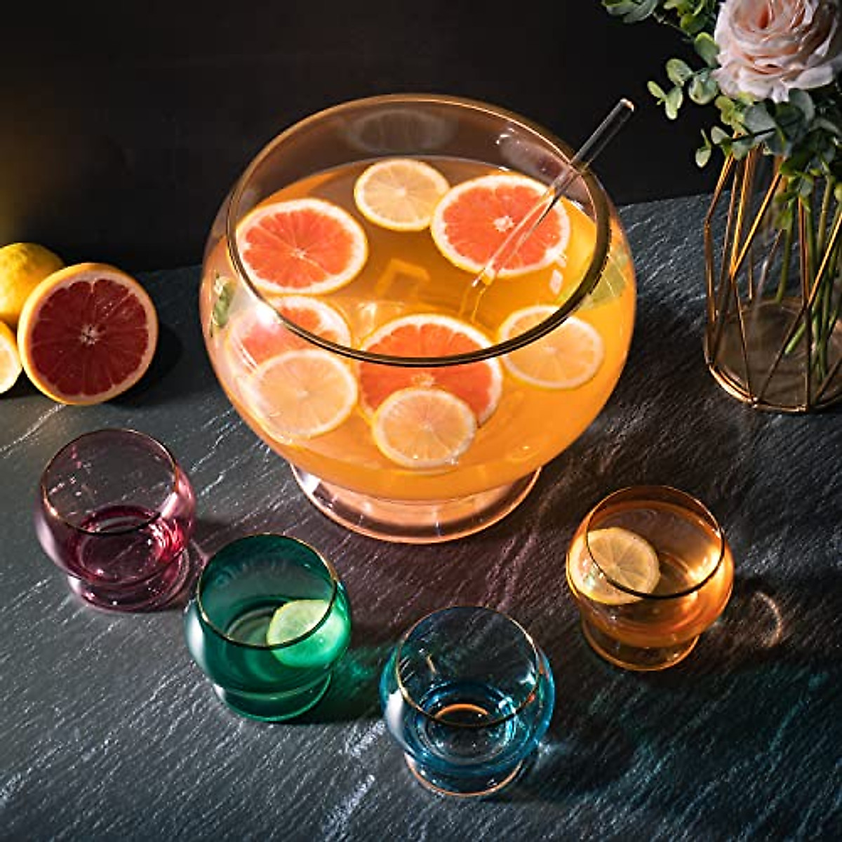 Colorful 1.7 Gallon Punch Bowl with 4 10oz Glasses Set with Ladle Gift For Mothers Day, Her, Wife, Mom, Friend - Colored Set Margarita, Cocktails, Juice, Punch Drink bowl for Parties, Weddings