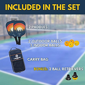 Pickleball Paddles Set of 2 - USAPA Approved Pickle Ball Racket - Indoor Outdoor Game - 4 Balls, Ball Retrievers, Carrying Bag - Court Equipment for Men Women Family - Pro Racquet Sets