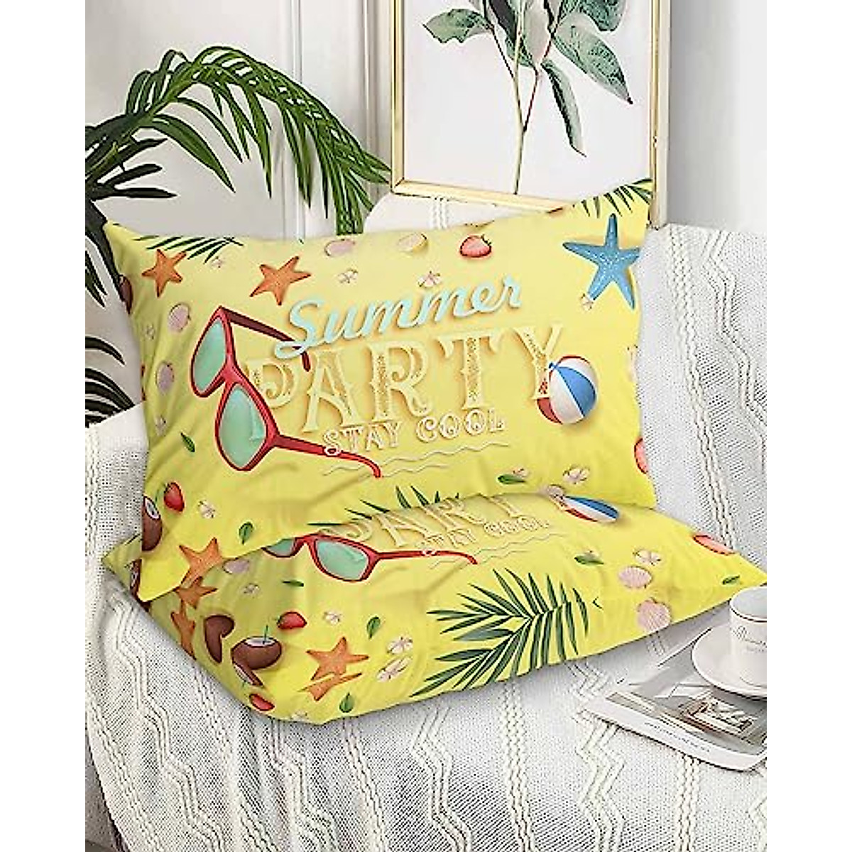 Edwiinsa Summer Beach Party Pillow Covers Standard Size Set of 2 20x26 Bed Pillow, Tropical Leaves Starfish Seashells Yellow Plush Soft Comfort for Hair/Skin Cooling Pillowcases with Envelop Closure