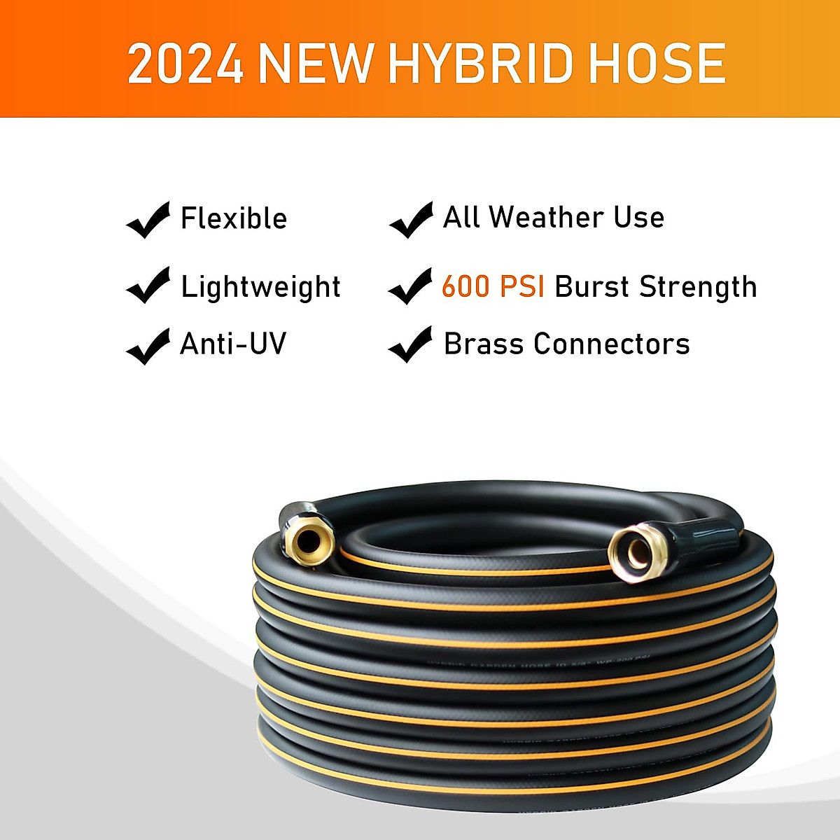 DayisTools Heavy Duty Hybrid Garden Hose 100 ft, 2024 New Flexible Water Hose 5/8 IN x 100FT, Lightweight, Super Durable, All-weather Use, Work 200 PSI, 3/4 IN GHT Solid Brass Fittings, Black Orange