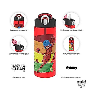 Zak Designs Miraculous Ladybug Water Bottle For School or Travel, 25 oz Durable Plastic Water Bottle With Straw, Handle, and Leak-Proof, Pop-Up Spout Cover