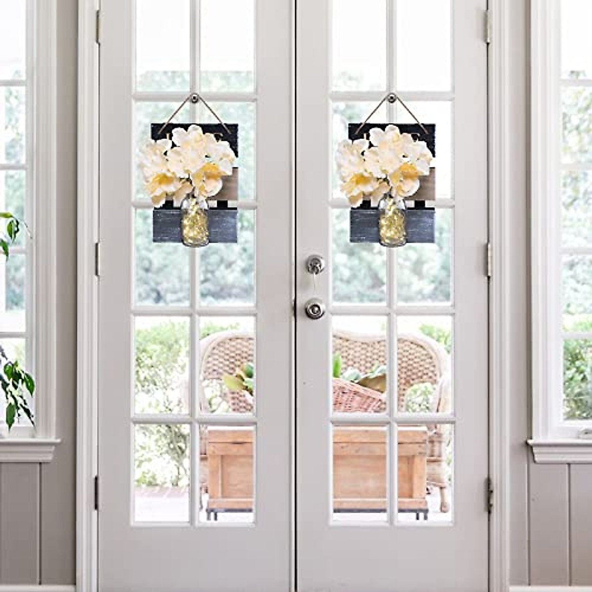 Dailyart Mason Jar Sconces Wall Decor, Rustic Mason Jar Wall Sconce Hanging Mason Jar Sconces with LED Fairy Lights, Farmhouse Wall Decor Country Decorations for Home, Set of 2